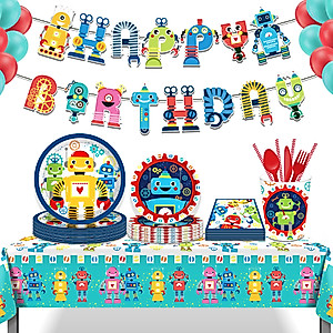 Cartoon Robot Birthday Party Tableware Set Serves 24 - Disposable 7 inch Paper Plates, 9 inch Paper Plates, Napkins, Forks, Robot Theme Wedding Baby Shower Party Supplies for 24 Guests