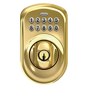 Schlage BE365 V PLY 505 Plymouth Keypad Deadbolt, Electronic Keyless Entry Lock, Bright Brass