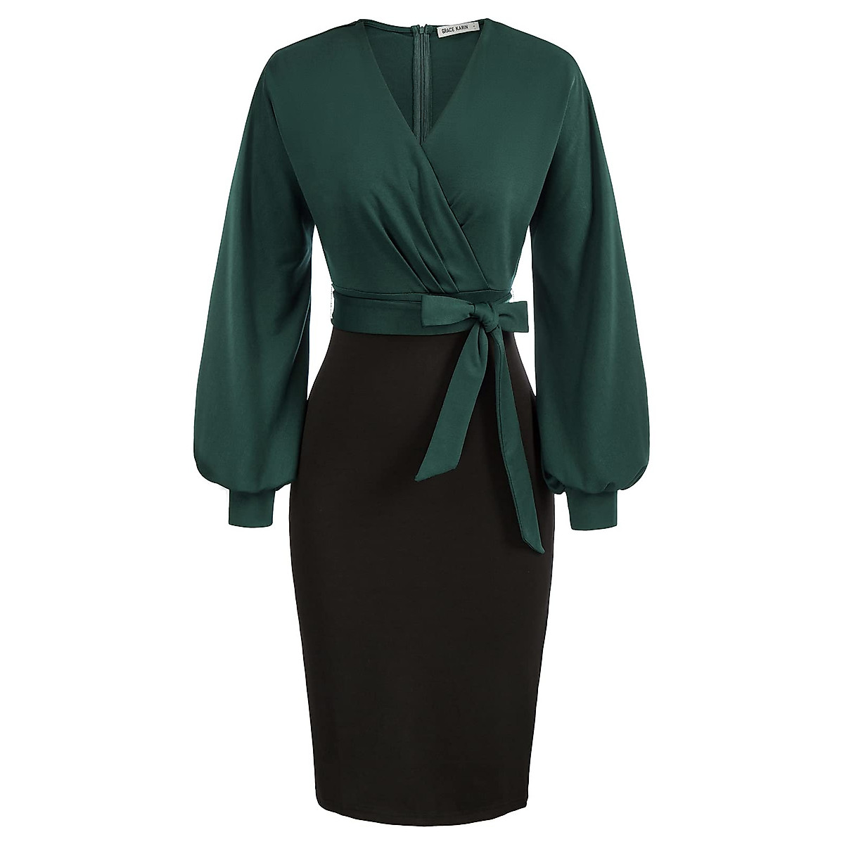GRACE KARIN Bodycon Dresses for Women Wrap Batwing Sleeve Professional Work V Neck Dress Atrovirens-Black M