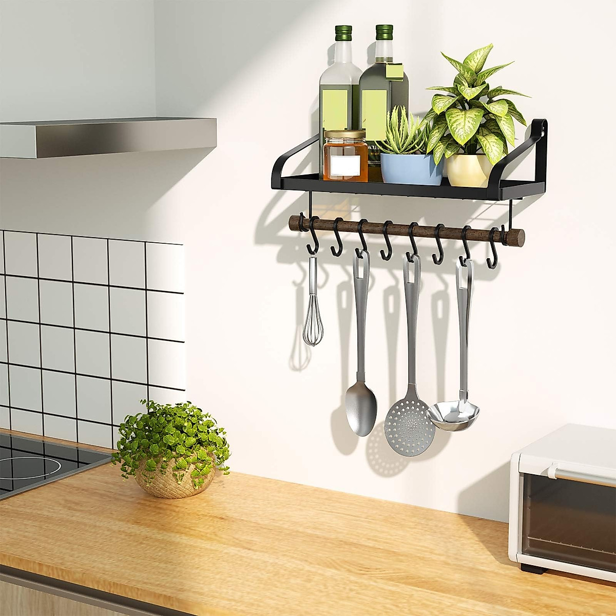 Love-KANKEI Pot Rack Wall Mounted Pan Pot Organizer Wall Shelf with Towel Bar and 8 Hooks for Kitchen Cookware Utensils Organization Black