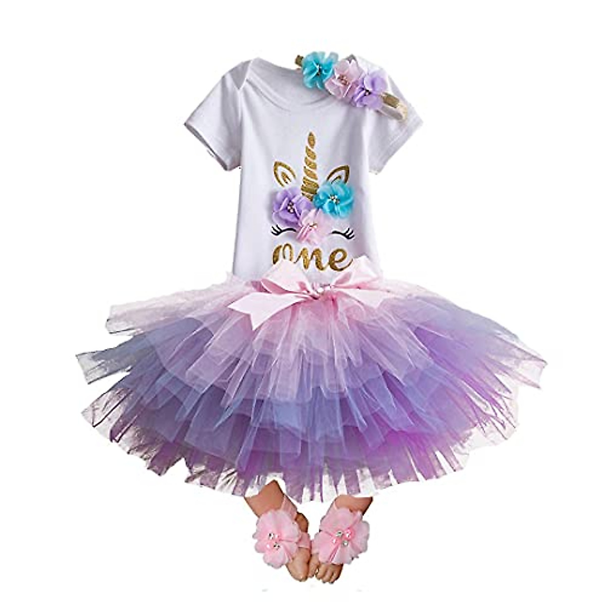 Bow Dream Baby Girls 1st Birthday Outfits Set 4 Pcs Rainbow Tutu Skirt T-Shirt Headband Sandals B