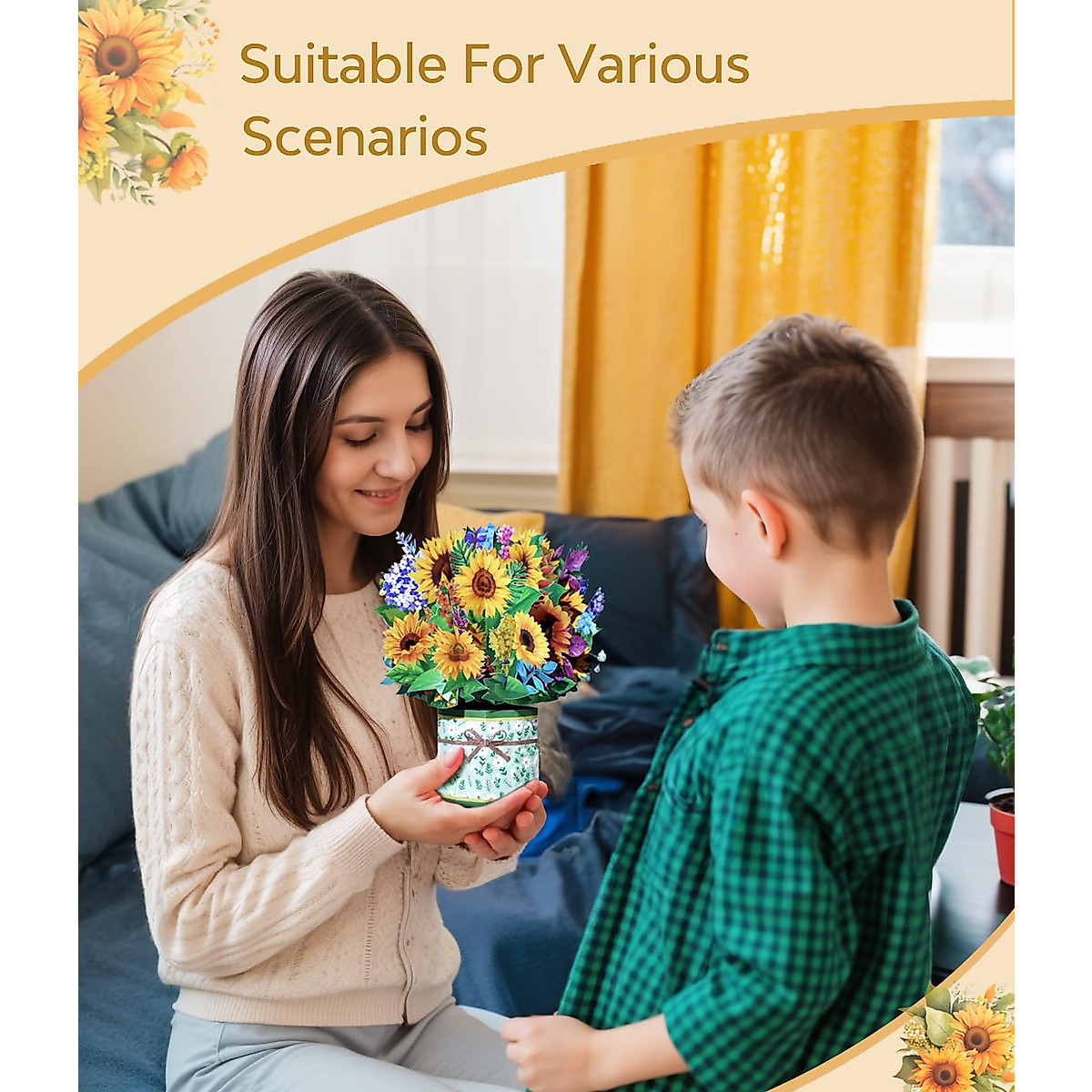 Sunflower 3D Pop-Up Card, Floral Greeting Card for Mother's Day, Summer Birthdays, Friendship Day, Graduation, Sunflower Bouquet Card for Mom, Grandma, Wife, or Friend, with Envelope and Note Card