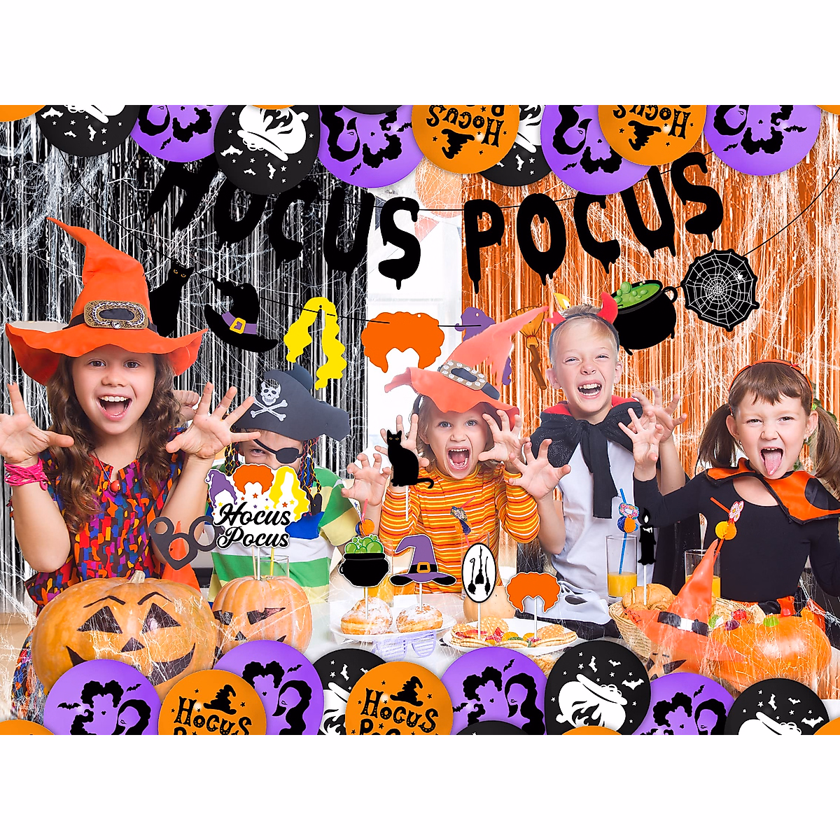 Hocus Pocus Party Decorations 52PCS Hocus Pocus Party Decor with Hocus Pocus Banner Cupcake Toppers Halloween Hocus Pocus Decorations for Home Halloween Party Decorations