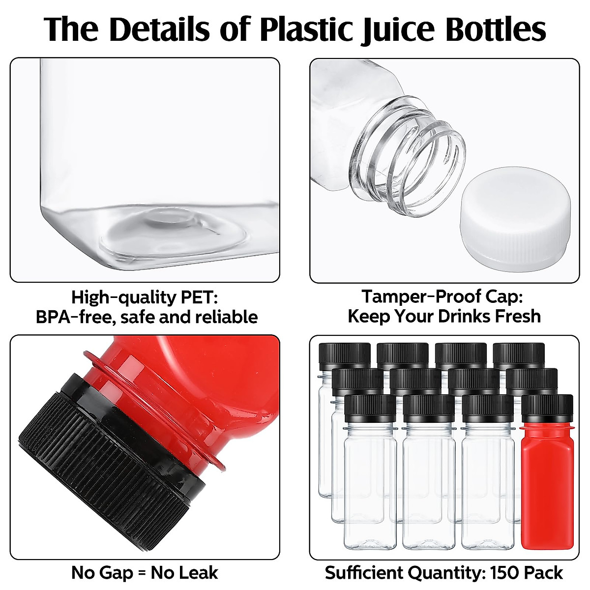 Sliner 150 Pcs 2oz Clear Plastic Bottles Mini Juice Bottle with Black Screw Lid Small Empty Reusable Liquid Vial Freezer Safe Drinking Beverage Container Leak Proof for Juice Milk Water Beverages