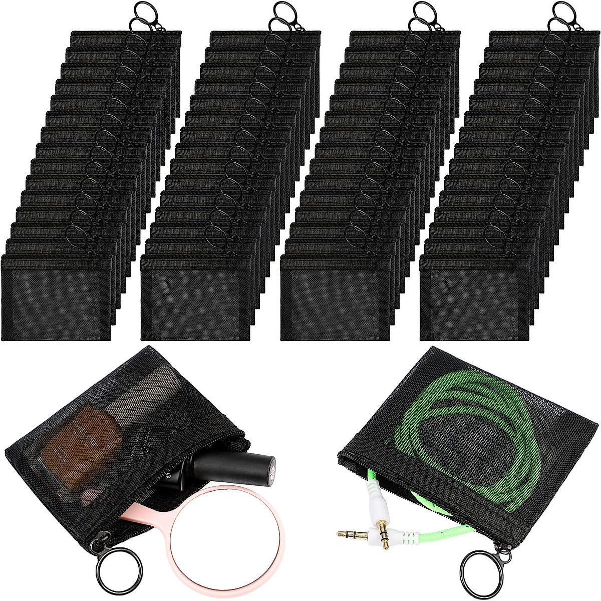 Jexine 60 Pcs Small Zipper Pouch Bulk Nylon Mini Mesh Pouches Multipurpose Coin Purse Pouch Zippered Mesh Cosmetic Bag Portable Storage Makeup Bags for Travel Supplies (Black)