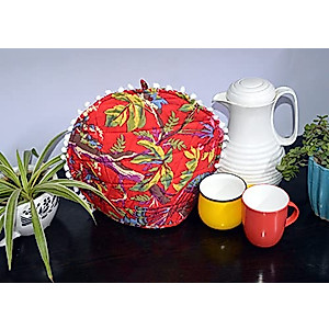 Tea Cozy Cotton Vintage Floral Tea Cosy for Teapots Keep Warm Teapot Cover Insulated Kettle Cover Tea Cozies with pom pom (Red Bird with white pom pom)