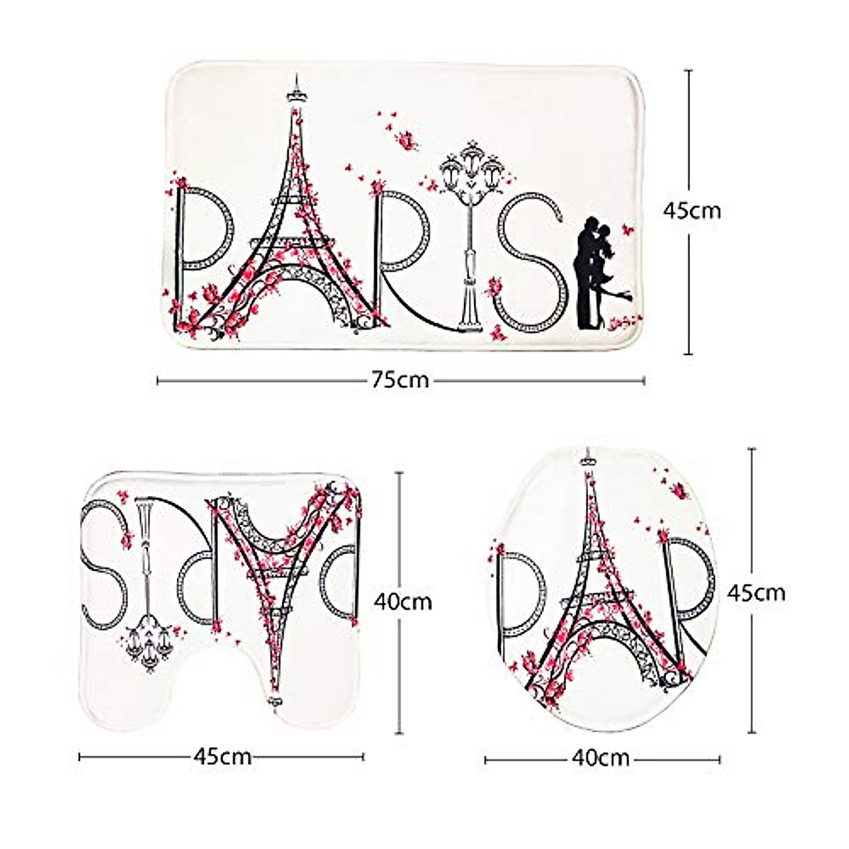 Amagical Paris Tower Eiffel with Paris Lettering Pink Flowers Couple Trip Print 16 Piece Bathroom Mat Set Shower Curtain Set Bath Mat Contour Mat Toilet Cover Shower Curtain 12 Hooks