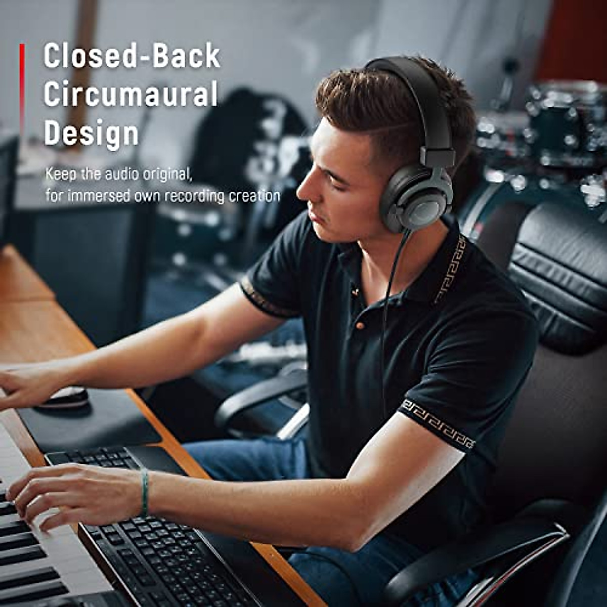 FIFINE Studio Monitor Headphones for Recording-Over Ear Wired Headphones for Podcast Monitoring, Streaming Comfortable Equipment with Detachable Cables 3.5mm or 6.35mm Jack, Black, on PC/Mixer-H8