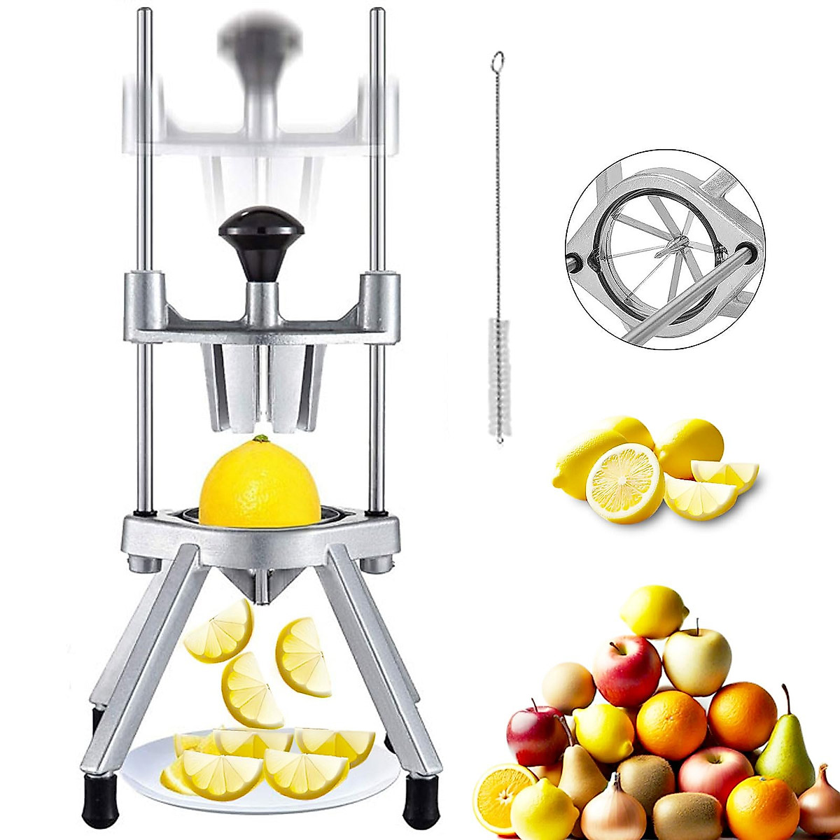 Commercial Lemon Cutter 8-Section with V-Shaped 420 Stainless Steel Blades，Easy Wedger Stainless Steel Blade Fruit Lime Slicer NSF Certified Easy-to-Use for Bar Restaurant (8-Section)