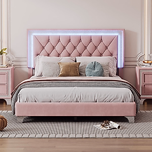 BEDGJH Upholstered Full Size Bed Frame with LED Lights, Modern Velvet Platform Bed with Tufted Headboard, Perfect for Kids Teens Girls & Boys Bedroom,No Box Spring Needed/Easy Assembly (Pink, Full)
