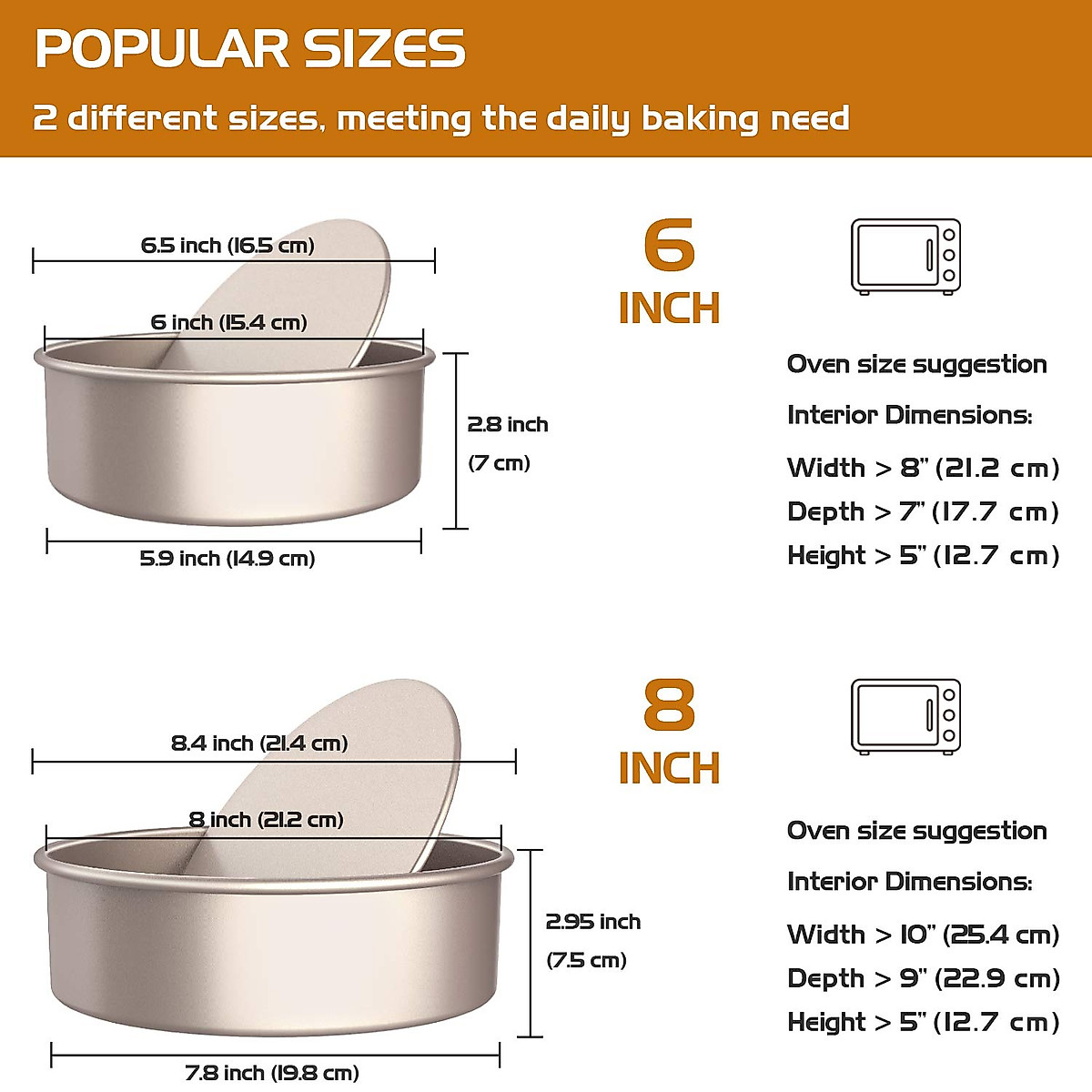 CHEFMADE Bakeware Round Cake Pan 2 Pieces, 6-Inch and 8-Inch with Removable Loose Bottom Nonstick & Quick Release Coating Chiffon Bakeware for Oven and Instant Pot Baking (Champagne Gold)