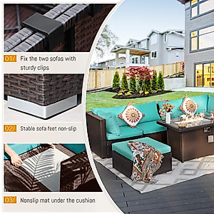 BULEXYARD High Back Brown PE Rattan Outdoor Patio Furniture Set with Propane Fire Pit Table, Large Wicker Outside Sectional Furniture Sofa Conversation Sets for Backyard(Aqua Blue, 7Pcs-A)