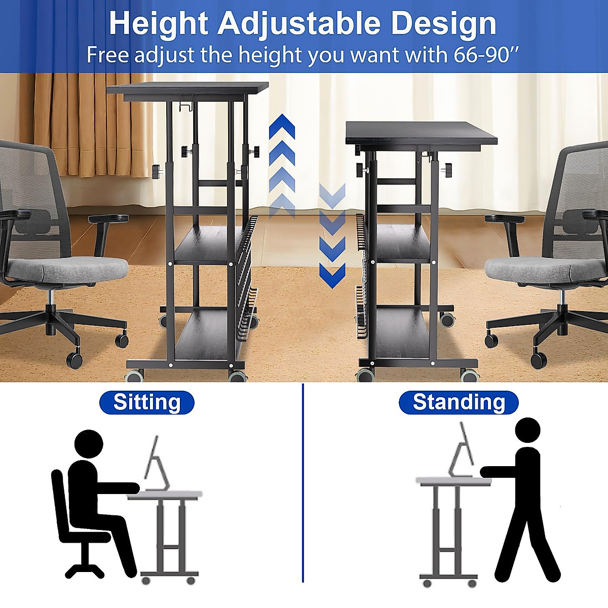 AIZ Rolling Laptop Cart with Storage for Small Spaces Portable Mobile Adjustable Computer Table on Wheels for Couch Bedrooms Black 39.4’’x19.7’’