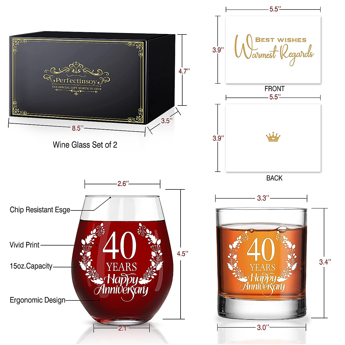 Perfectinsoy 40 Years Happy Anniversary Whiskey Glass and Stemless Wine Glass Gift Set, 40th Anniversary Wedding Gift For Mom, Dad, Soulmate, Couple, 40 Years Gifts, Happy 40th Anniversary