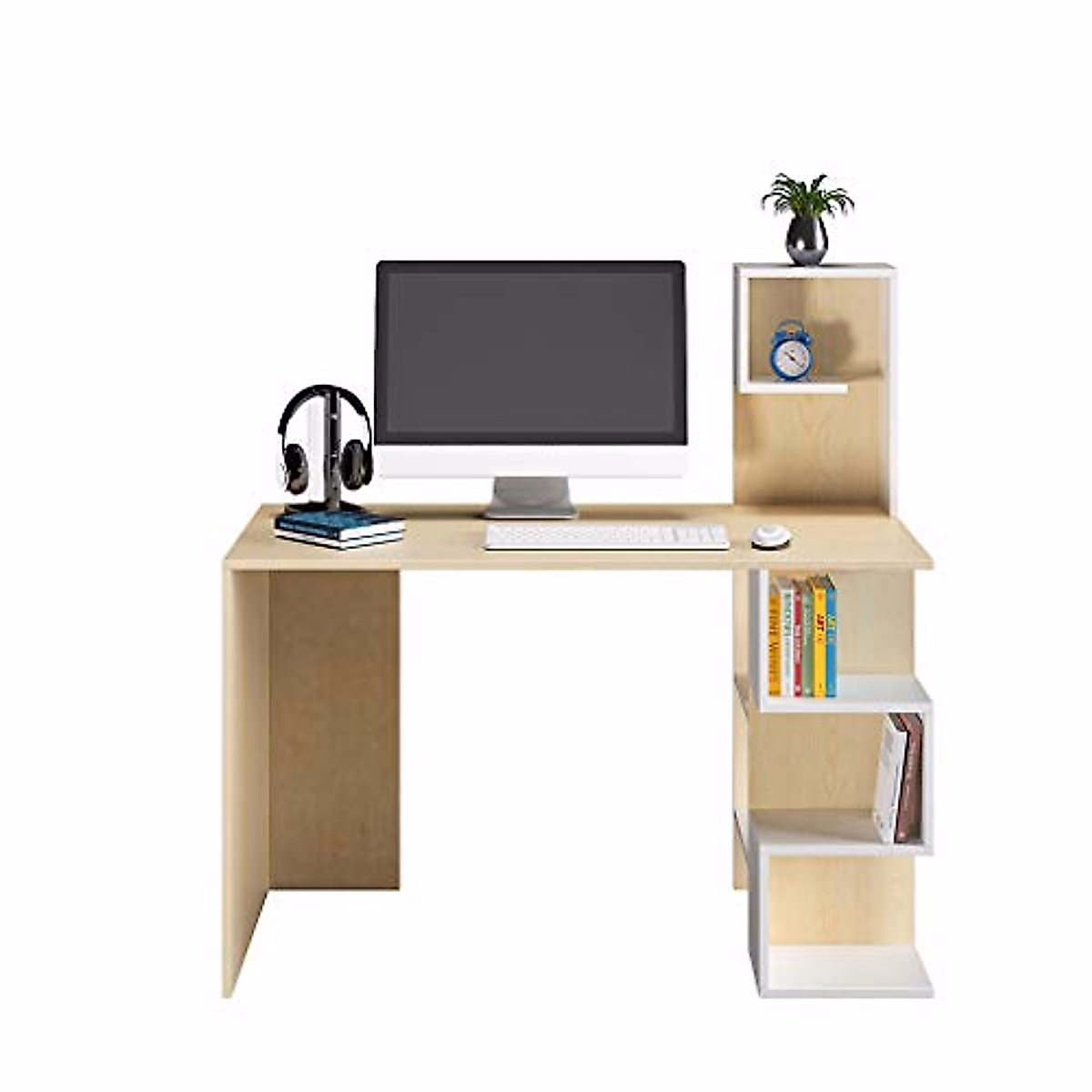Modern Simplify Home Study Computer Desk with Bookshelf Board Khaki for Living Room Office Study Room