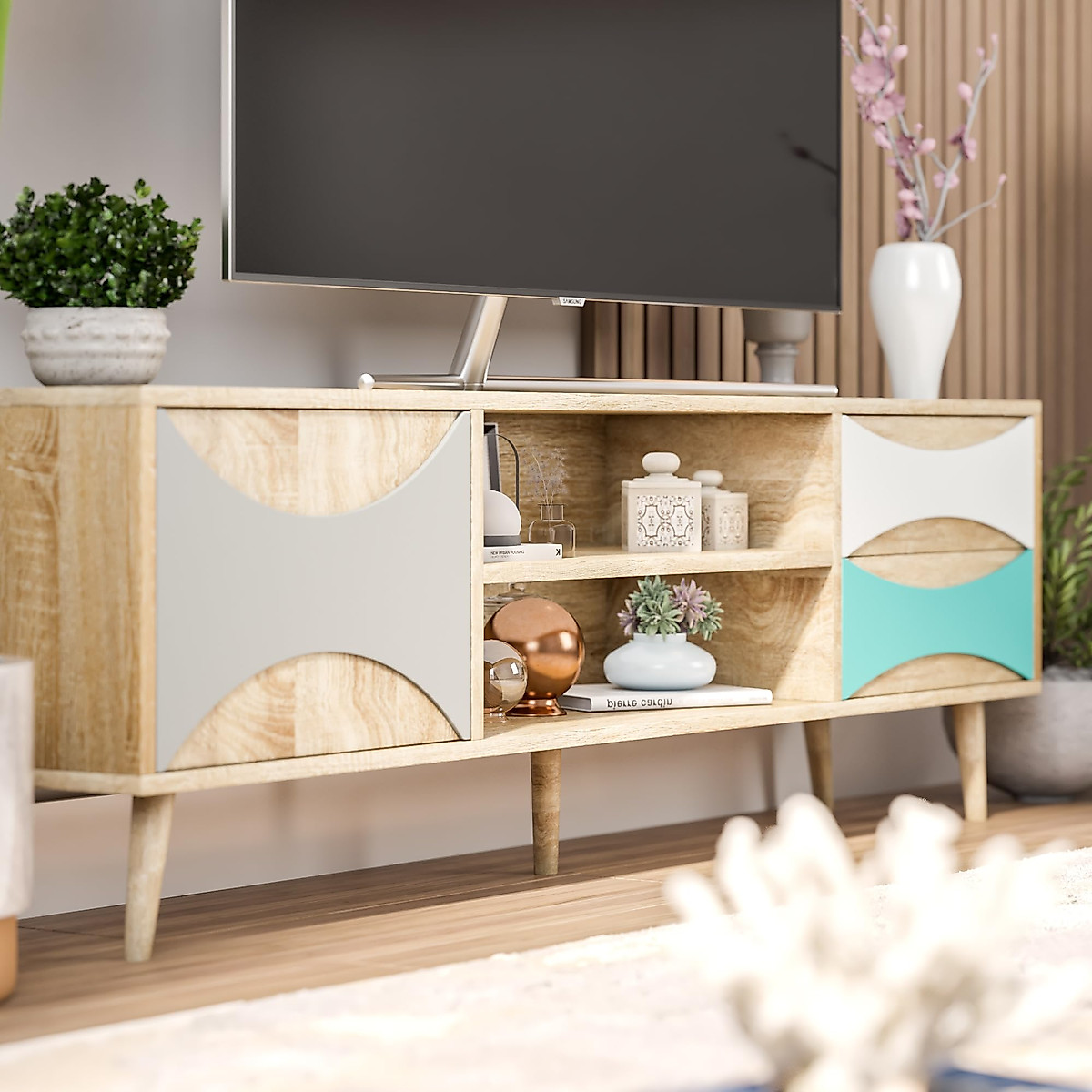 TV Stands for Living Room - 59” Brown Oak TV Stand for Bedroom - Media Entertainment Center - Media Cabinet TV Stand with Storage - Modern TV Stand for 60 Inch TV with Doors & Shelves