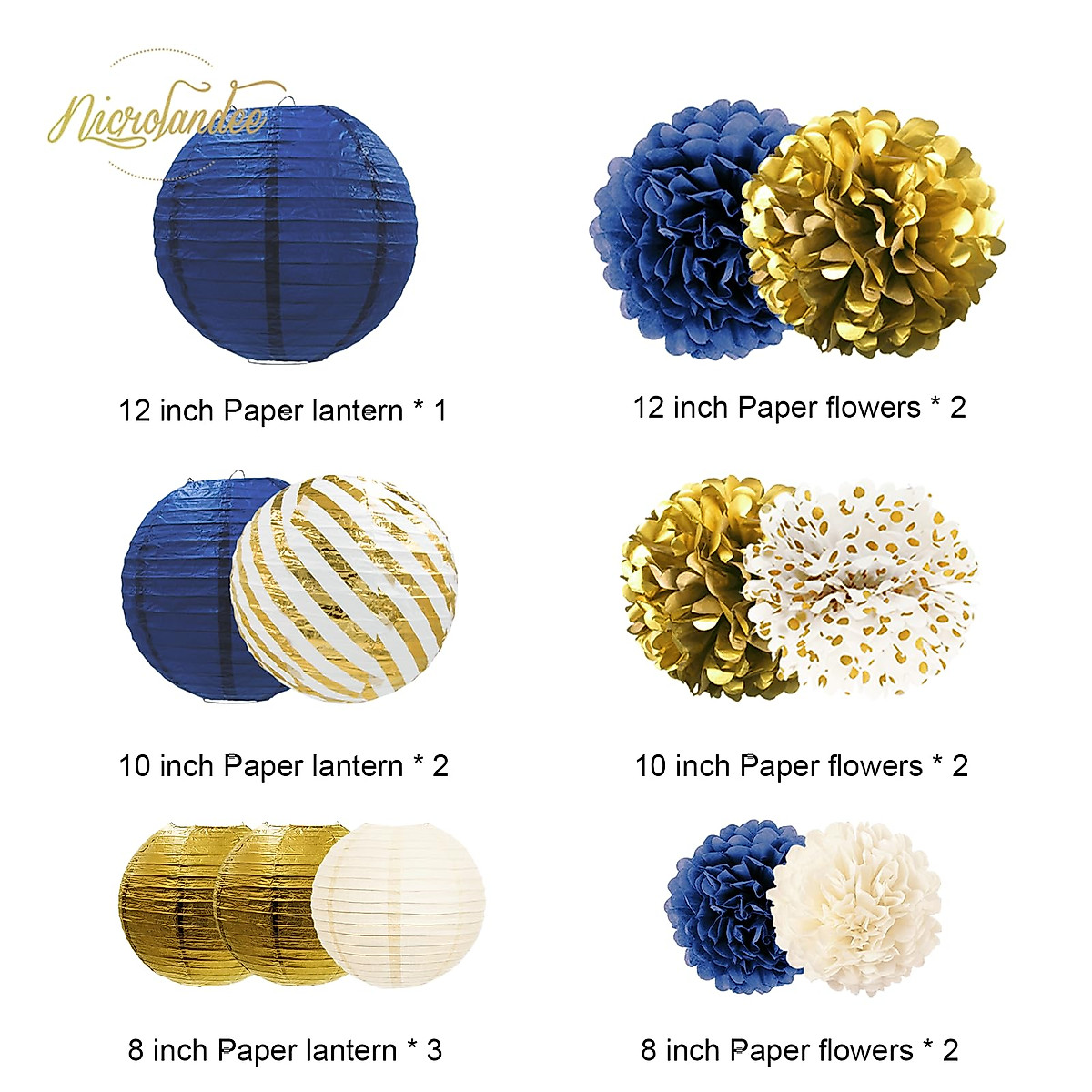 NICROLANDEE Navy Blue and Gold Decorations, 12PCS Hanging Paper Lanterns Tissue Pom Poms Decor for Graduation Party, Winter Wedding, Mens Birthday, Memorial Day Decorations, New Years Party Supplies