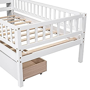 OPTOUGH Twin Size House-Shaped Storage Headboard Bed,Wooden Bedframe with Full Length Fence Guardrails and Drawers for Kids Teens,No Spring Box Needed,White