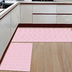LooPoP Pink Kitchen Mats for Floor Cushioned Anti Fatigue 2 Piece Set Kitchen Runner Rugs Non Skid Washable Geometric Abstract Nordic