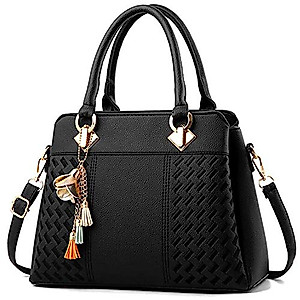 SMALLBLUER Top-Handle Handbags Purse Tote for Women Soft PU Leather Crossbody Shoulder Bag with Tassel Pendant-Black
