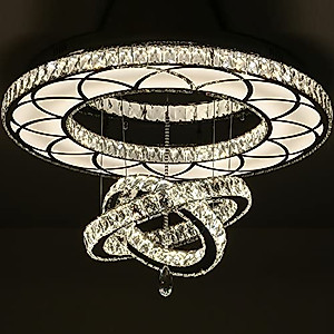 W24'' Modern Crystal Chandeliers Living Room Crystal Ceiling Chandeliers Crystal 3 Ring Pendant light Chandeliers Dining Round Fixture Bedroom Empire Remote Dimmable LED (3000K-6000K) Fixtures