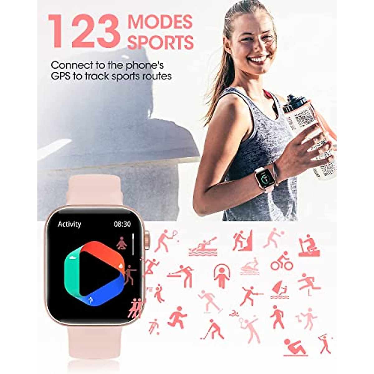 Smart Watch Women(Answer/Make Calls), 2023 Newest 1.8'' Bluetooth Smart Watch for Android iPhones, 5ATM Waterproof Outdoor Fitness Tracker with AI Voice/Heart Rate/SpO2/Sleep Monitor, Smartwatch Pink