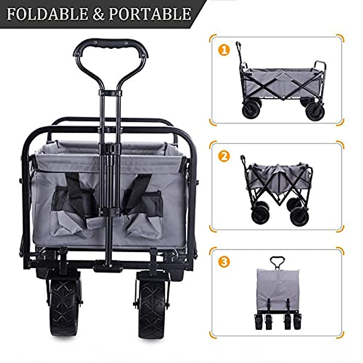 All Terrain Folding Beach Wagon with Canopy,Heavy Duty Collapsible Utility Wagon Transport Trolley,Outdoor Garden Wagon Portable Shopping Cart
