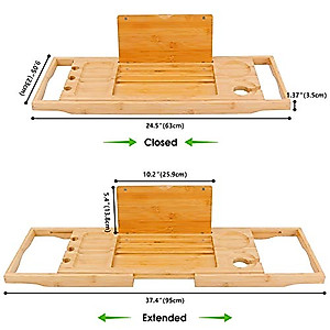 Diosbles Bathtub Caddy Tray Expandable Bamboo Bath Tub Tray Caddy Extendable Bathtub Holders Organizers with Book Ipad Holder and Phone Candle Wineglass Slots