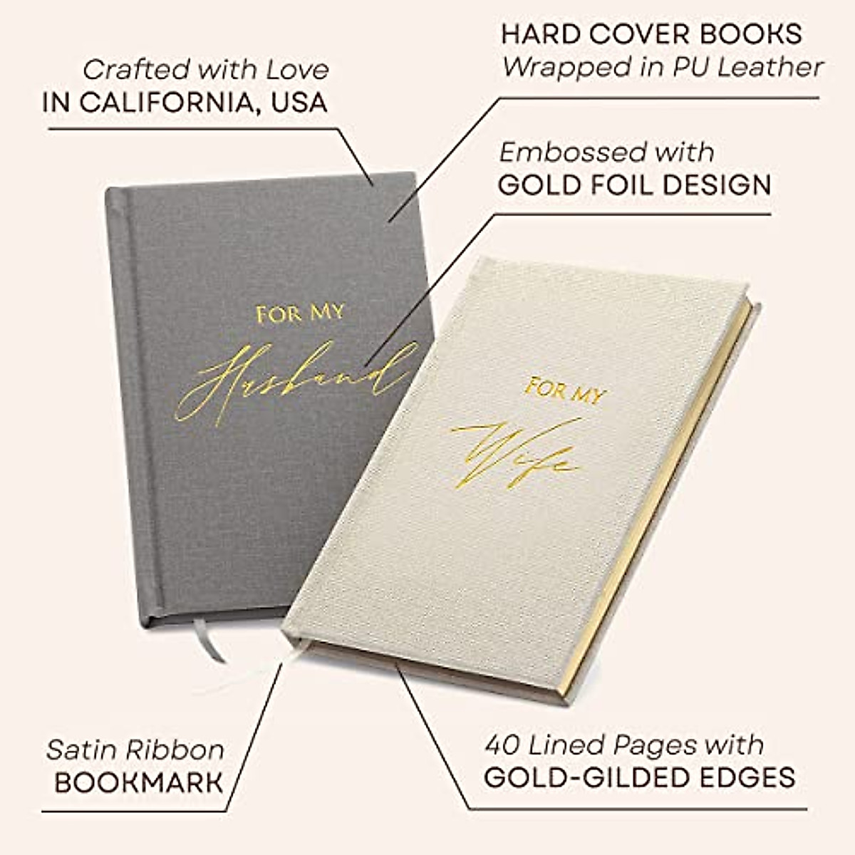 MUUJEE for My Husband and for My Wife Vow Books (Set of 2) - Grey and Ivory Gold Foil Embossed Vows Book Journal for Wedding Ceremony Vow Renewal Valentines Day Gift for Husband Wife