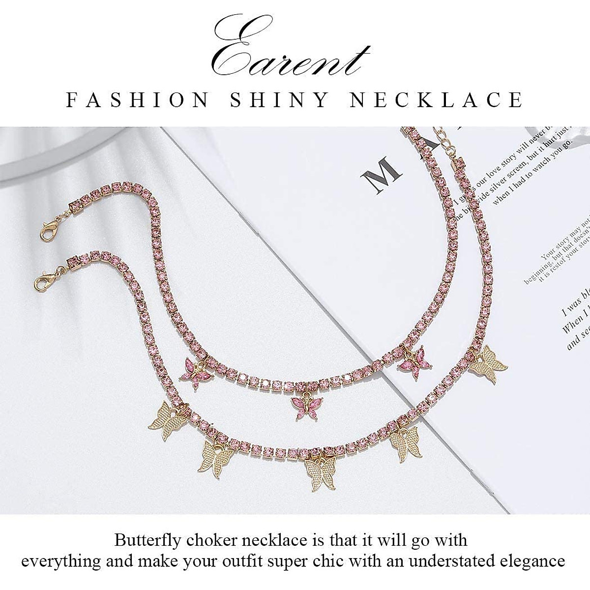 EARENT Rhinestone Butterfly Choker Necklaces Sparkly Crystal Butterfly Chain Necklace Glitter Pink Prom Jewerly for Women(Pink（Pack of 2）)