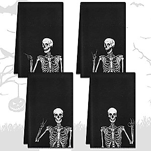 4 Pieces Halloween Kitchen Towels Gift Rock and Roll Skeleton Hippie Skull Dish Towels Ultra Absorbent Drying Cloth Tea Towels Bathroom Gift Halloween Seasonal Soft Coffee Tea Bar Hand Towels