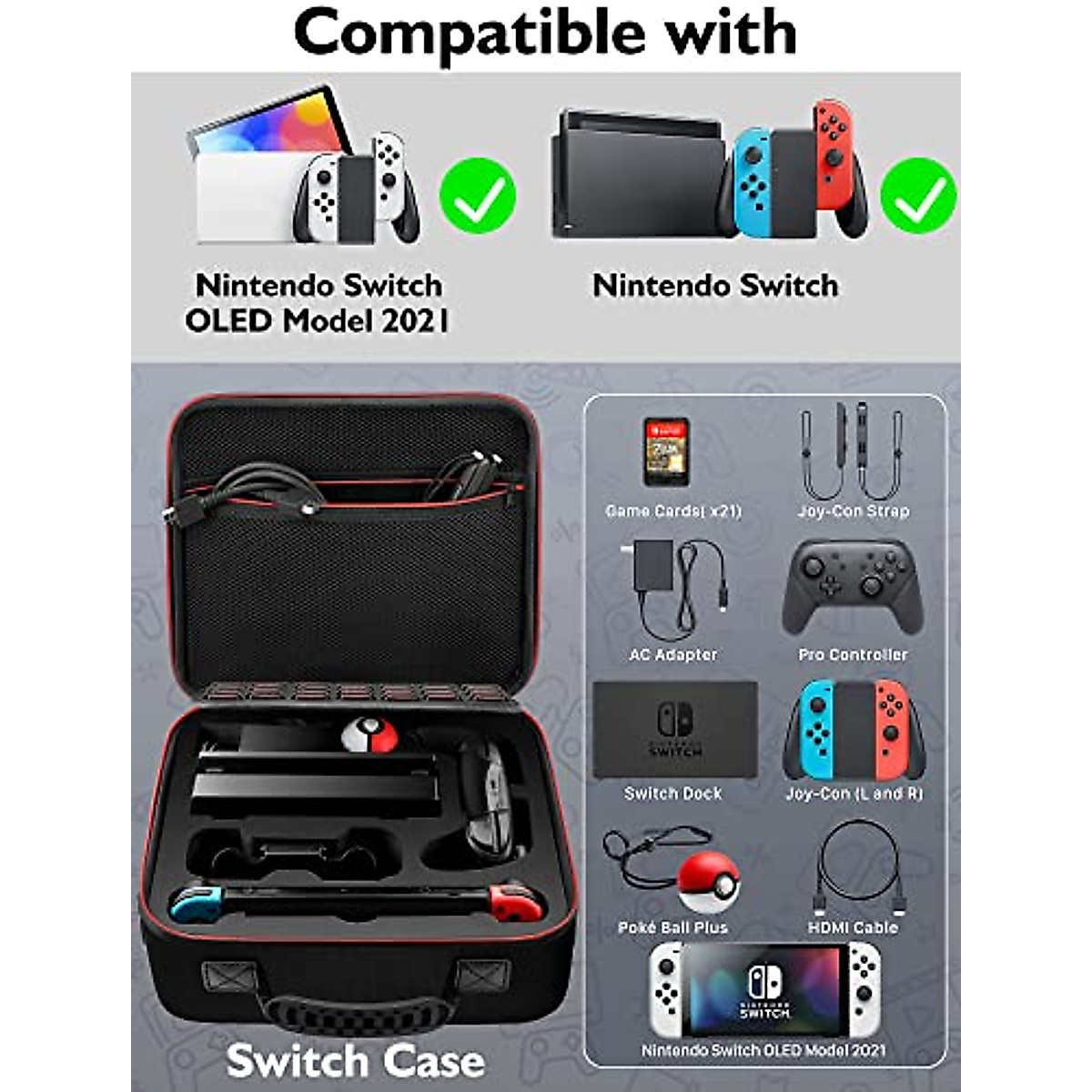 COOWPS Switch Carrying Case Compatible with Nintendo Switch and Switch OLED Model, with 21 Game Cards Storage Portable Full Protection Travel Case for Switch Console and Accessories, Black