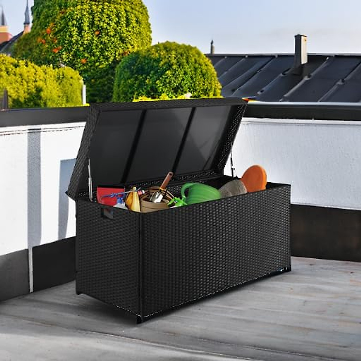 VINGLI Upgraded Version 132 Gallon Outdoor Storage Box, Patio Rattan Deck Box, Wicker Storage Bench for Indoor, Outdoor, Pool, Balcony, Yard, Garden, Black