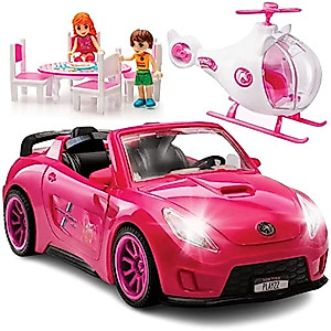 Play22 Pink Convertible 2-Seater Vehicle Doll Accessories with Lights and Sounds 10 Pc - Car for Dolls Set - Toy Car Includes Helicopter Doll, 2 Figurines, Dining Table Set - Great Gift