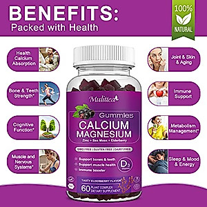 Calcium Magnesium Zinc Gummies with High Absorption Magnesium Glycinate 200mg Potassium -Plant Complex Calcium Supplement with D3 Sea Moss for Bone, Muscles, Calm Mood & Sleep Support - Vegan (2 Pack)
