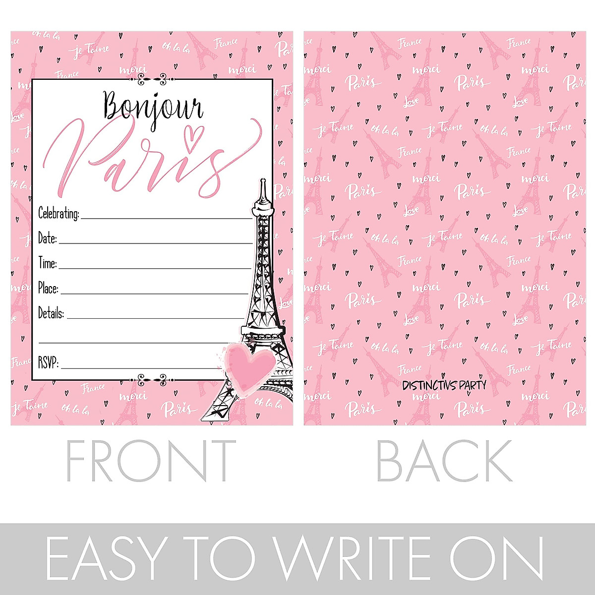 DISTINCTIVS Pink Paris Birthday Party Invitations - French Parisian Party Theme - 10 Cards with Envelopes