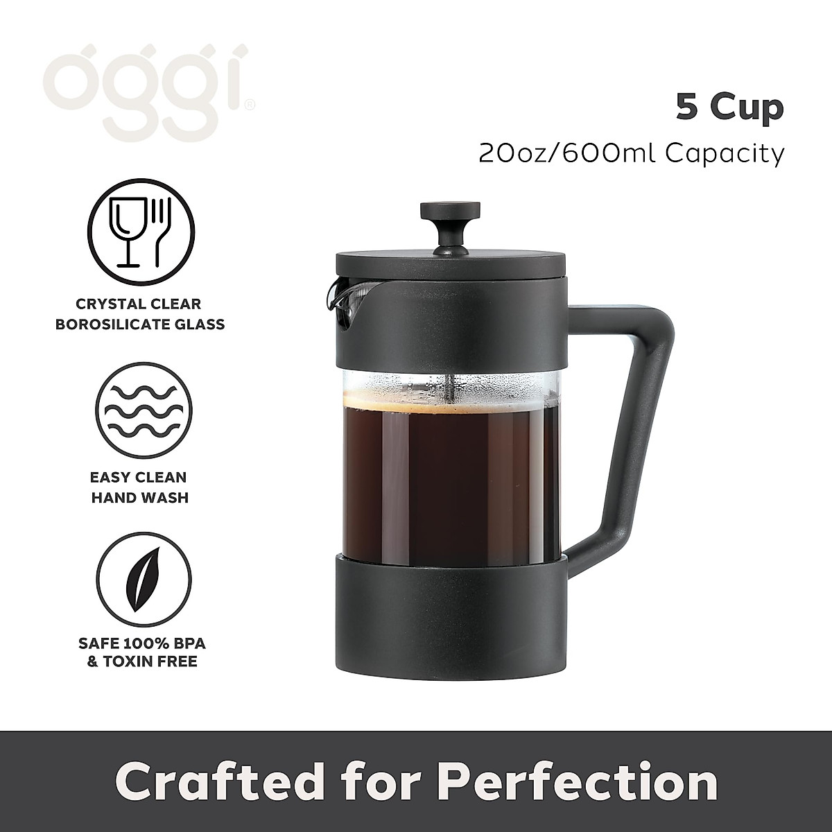 Oggi Borosilicate Glass French Press Coffee Maker (20oz)- 5 Cup Capacity, Coffee Press, Single Serve Coffee Maker, Stainless Steel Lid & Plunger, Make Great Coffee Gifts