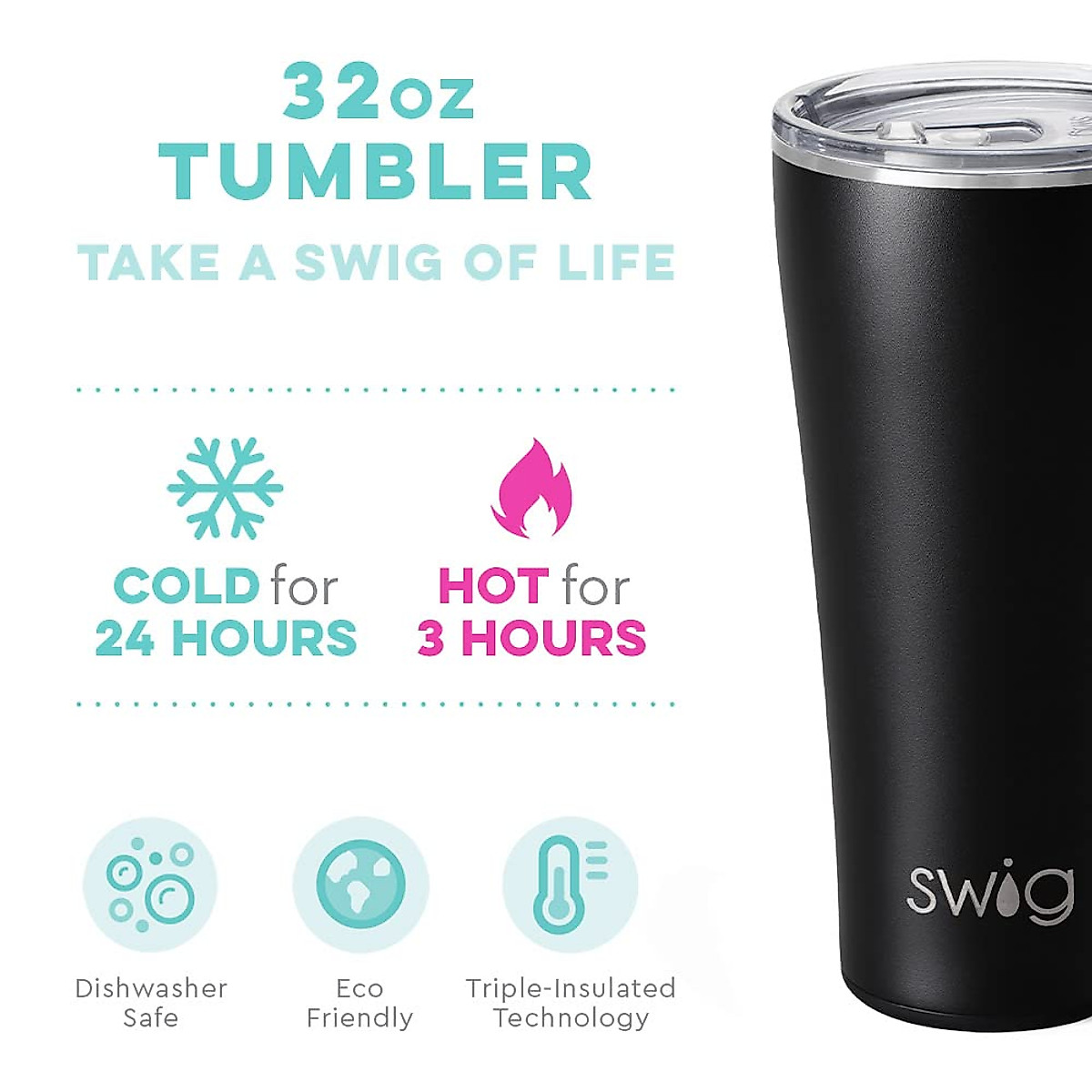 Swig Life XL 32oz Tumbler, Insulated Coffee Tumbler with Lid, Cup Holder Friendly, Dishwasher Safe, Stainless Steel, Extra Large Travel Mugs Insulated for Hot and Cold Drinks (Black)