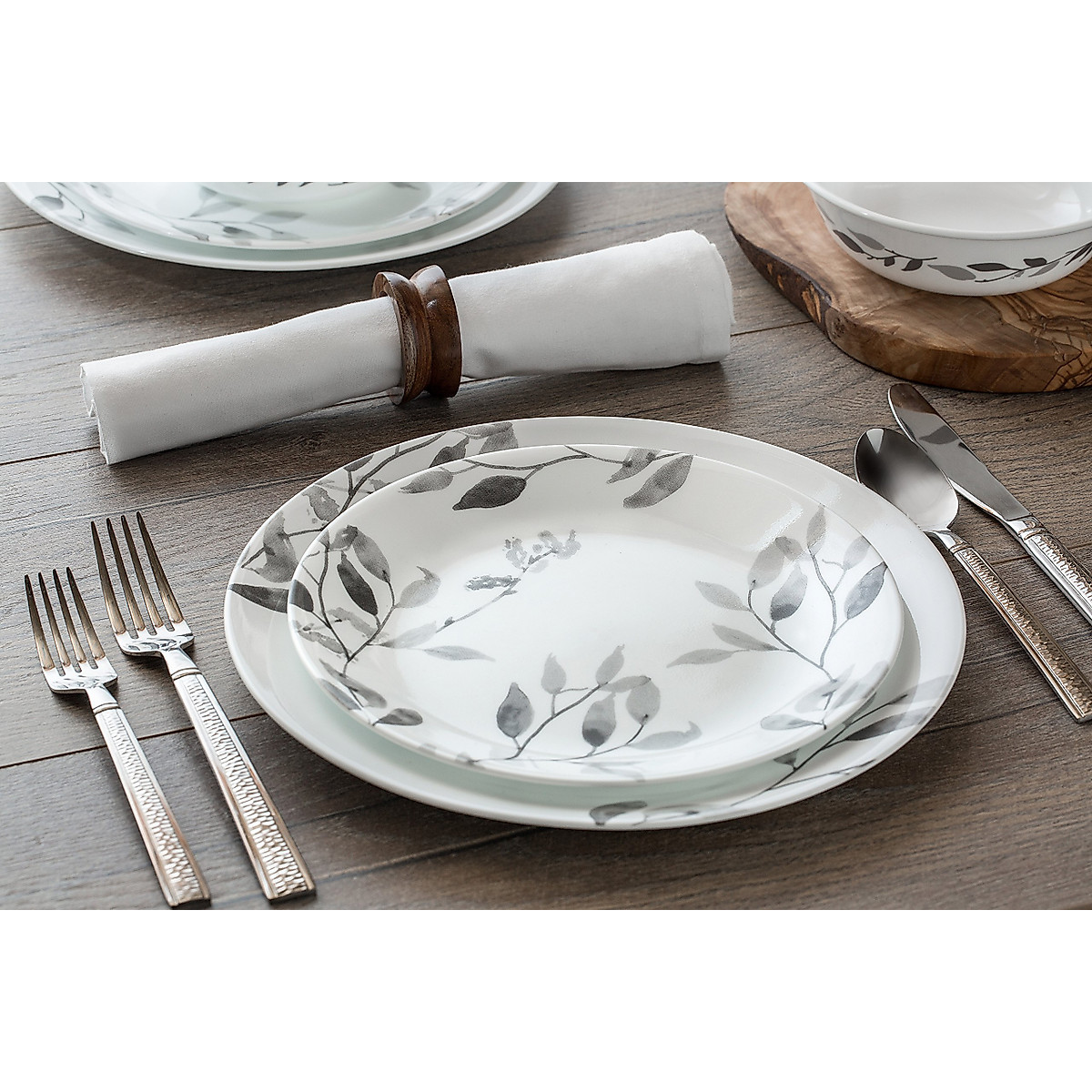Corelle 12-Piece Vitrelle Misty Leaves Chip and Break Resistant Dinner Set, Grey