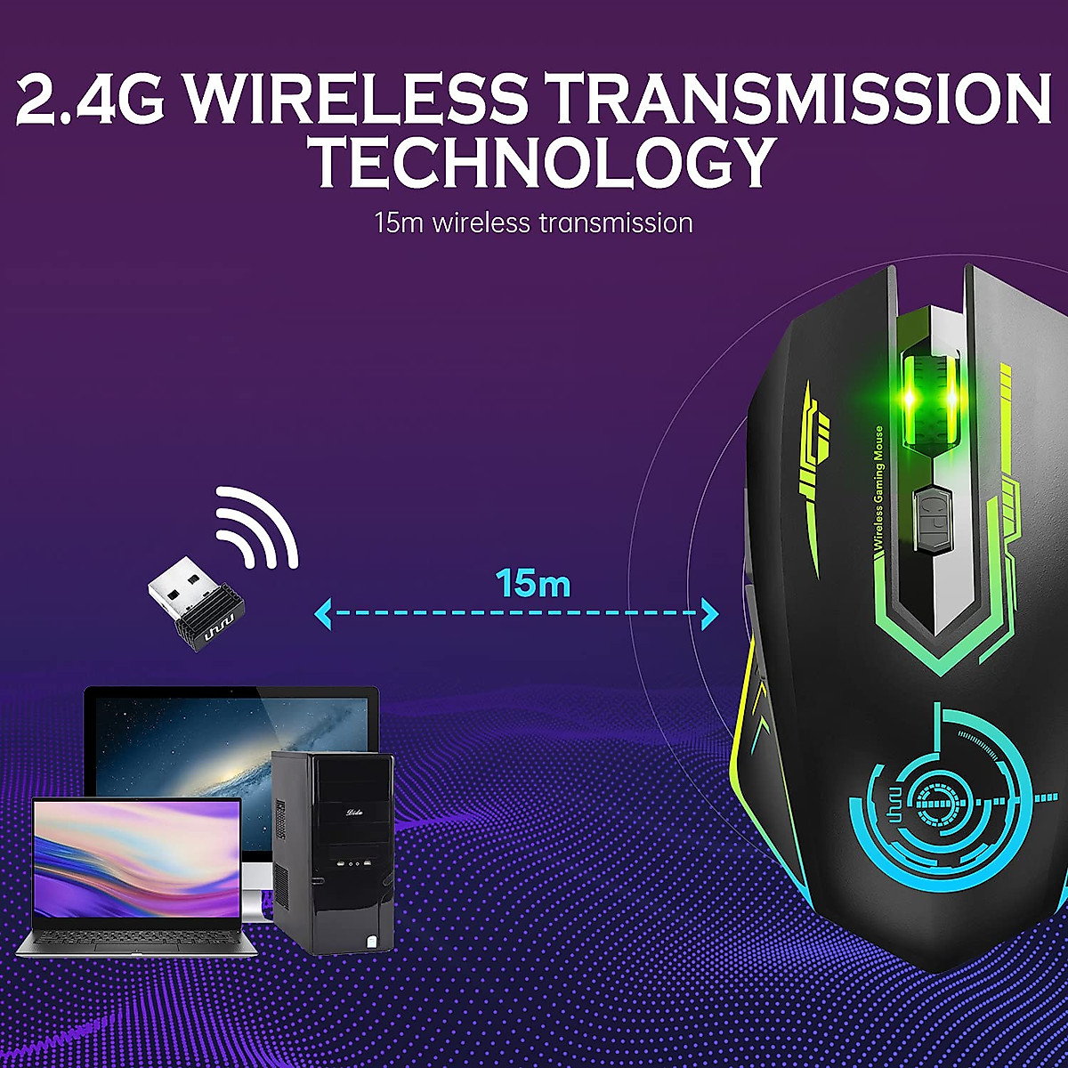 UHURU Wireless Gaming Mouse Up to 10000 DPI, Rechargeable USB Wireless Mouse with 6 Buttons 7 Changeable LED Color Ergonomic Programmable MMO RPG for PC Laptop, Compatible with Windows Mac