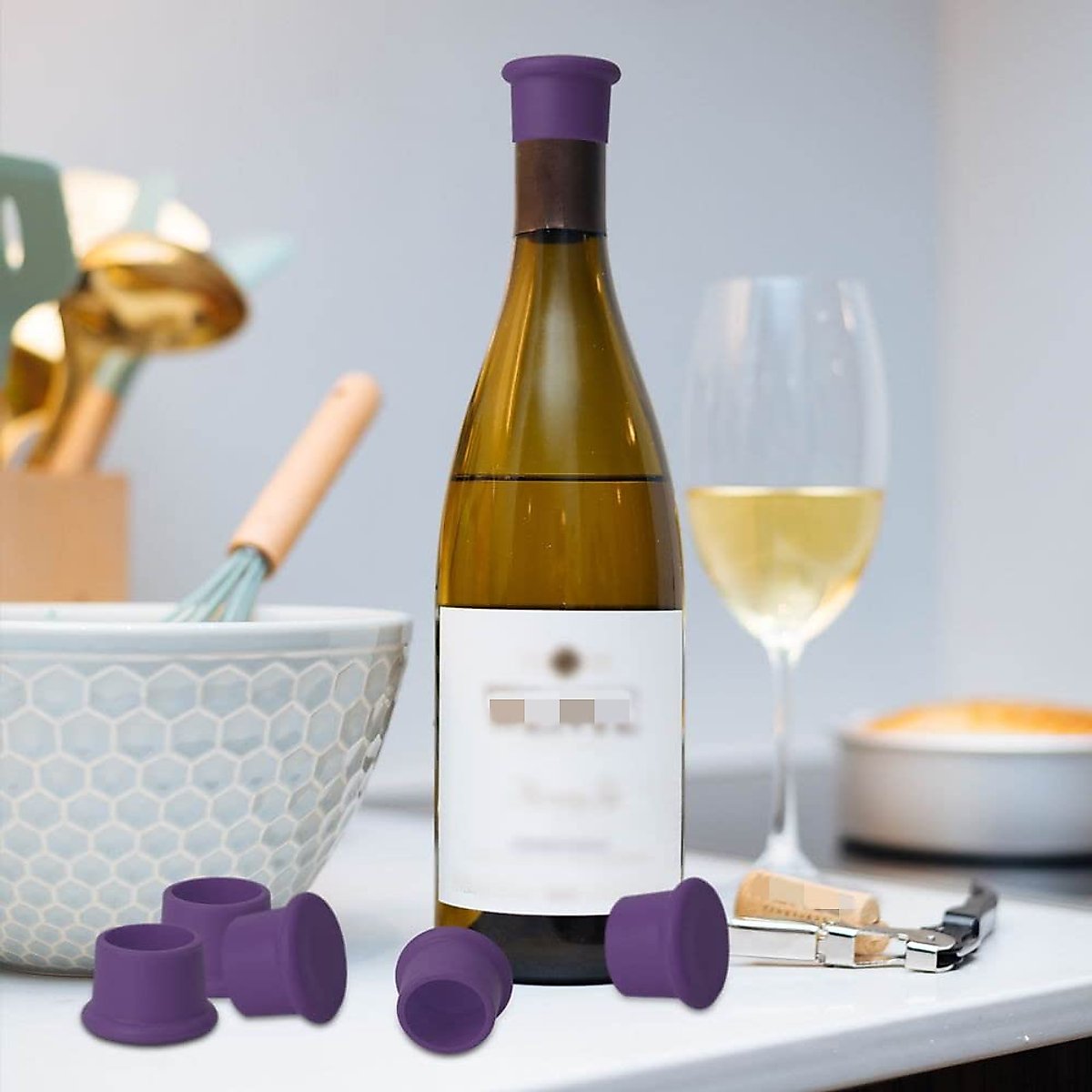 H H&J HUAJIAN Reusable Silicone Wine Bottle Stopper for Easy Removal and Secure Attachment, Set of 6 In Multiple Colours (Purple)
