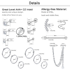 Dyknasz 16G Stainless Steel Industrial Barbell Cartilage Earrings with Chain Triple Forward Helix Stud Tragus Ear Hoop Ring Piercing Jewelry for Women Men