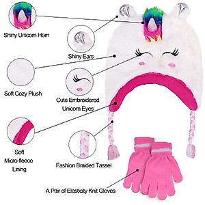 Kids Girls Winter Unicorn Beanie Hat Gloves Set, Boys Girls Warm Fleece Lined Hat Toddler Cute Cat Hat with Earflap for 2-7T