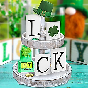 St. Patrick's Day Decorations- St Patricks Day Wood Table Sign with Four Leaf Clover Lucky Sign- St. Patrick's Day Wooden Block St. Patrick's Tiered Tray Decor for Table Home Office Party Decor