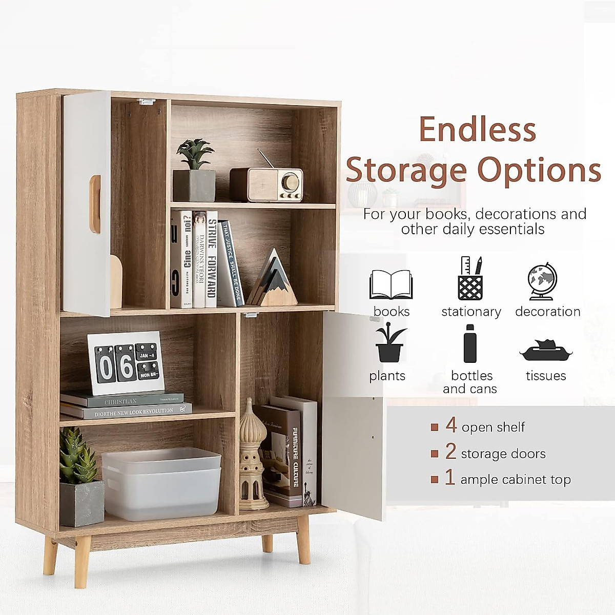 Giantex Storage Cabinet with Legs, Floor Cabinet with Doors, Shelves, Anti-Tipping Device, 4-Tier Bookshelf for Books & Photos, Tall Cupboard in Bedroom, Living Room, Kitchen Buffet Sideboard (White)