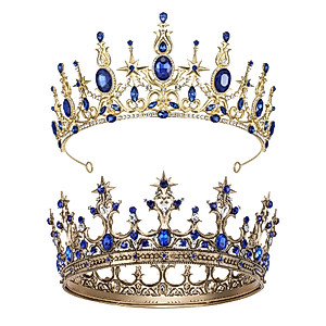 SWEETV Couple Crowns for Women & Men,Crystal Queen Tiara King Crown Set,2-Pack Gold Blue Medieval Hair Accessories for Prom Wedding Photo Shoot Birthday