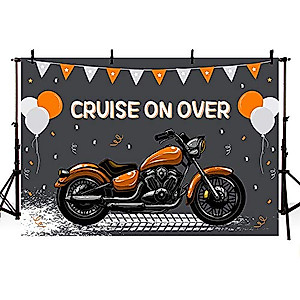 MEHOFOND Motorcycle Boy Birthday Party Backdrop Props Boy Happy 1st Birthday Cruise On Over Ride Photography Orange Silver Balloons Background Photo Banner for Cake Table Supplies 7x5ft
