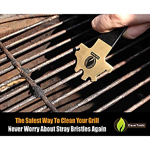 Cave Tools Bristle-Free Metal Grill Scraper - Includes Bottle Opener - Barbeque Brush Substitute - BBQ Grill Accessories, Brass