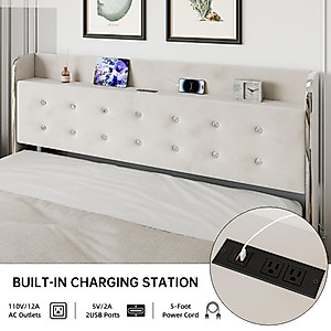 Senfot Queen Size Bed Frame, Upholstered Bed Frame with 4 Storage Drawers, Platform Bed Frame with Diamond Tufted Headboard, Wood Slat Support, No Springs Required, Easy to Assemble, White