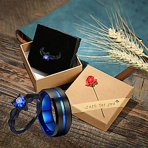 Personalized Matching Promise Rings for Couples Stainless Steel Black and Blue Wedding Rings Set for Him and Her Engraved Name Rings for Couples 8mm Mens Wedding Band Womens Blue Sapphire (Men's Ring)